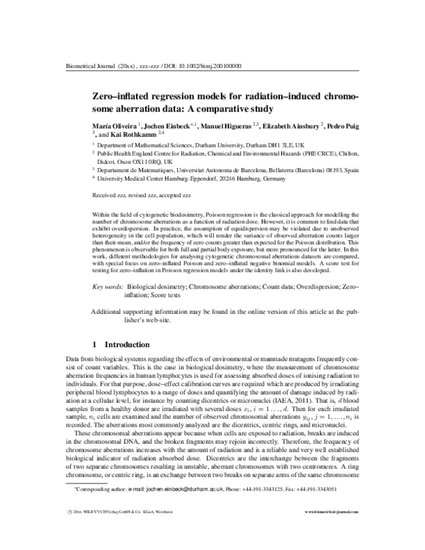 (PDF) Zero-inflated regression models for radiation-induced chromosome aberration data: A ...