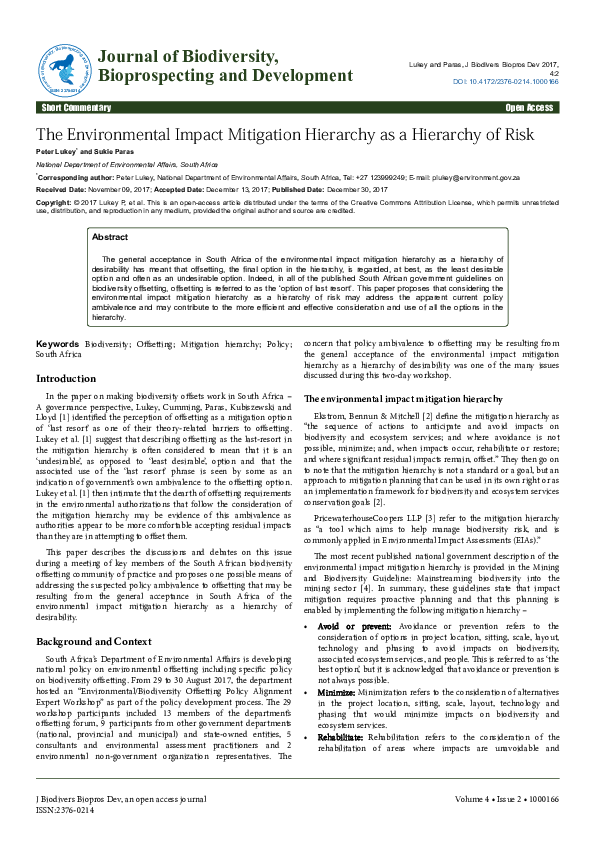 Pdf The Environmental Impact Mitigation Hierarchy As A Hierarchy Of Risk