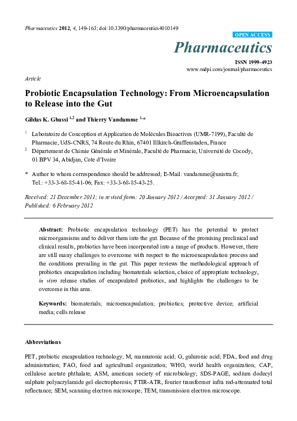 Pdf Probiotic Encapsulation Technology From Microencapsulation To