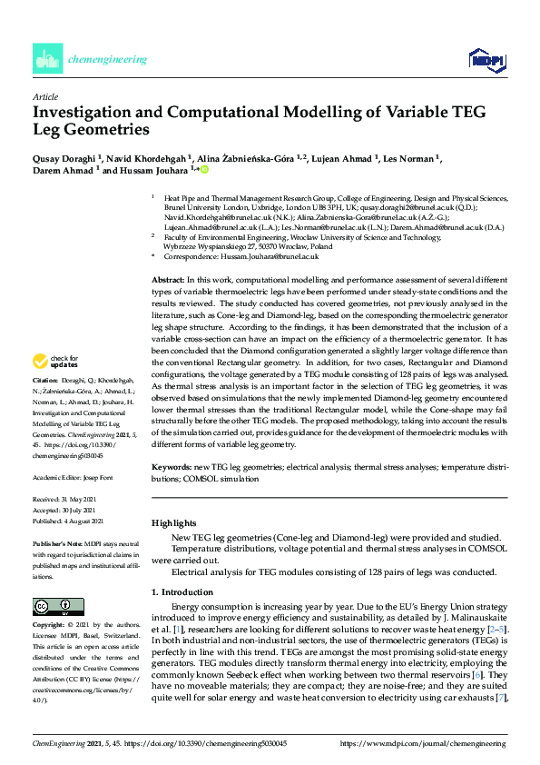 Pdf Investigation And Computational Modelling Of Variable Teg Leg