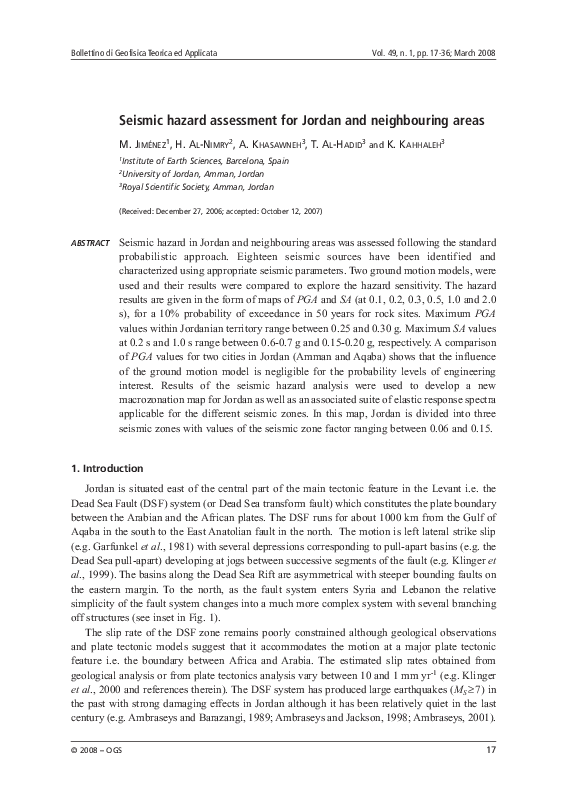 (PDF) Seismic hazard assessment for Jordan and neighbouring areas