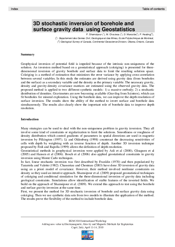 Pdf 3d Stochastic Inversion Of Borehole And Surface Gravity Data