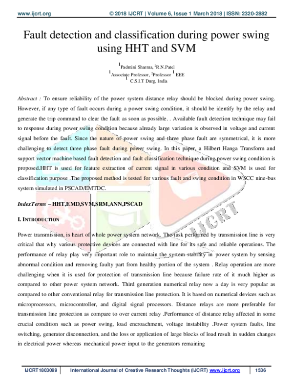 Pdf Fault Detection And Classification During Power Swing Using Hht