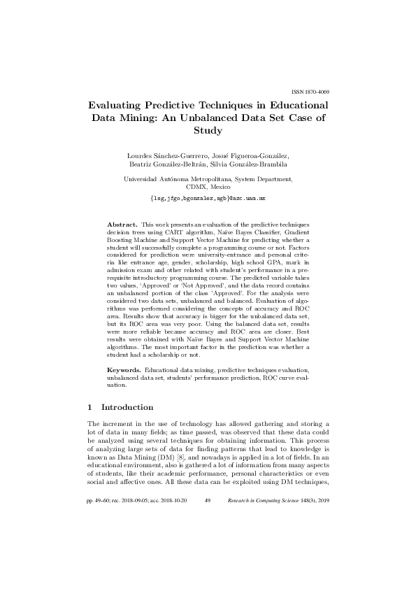 Pdf Evaluating Predictive Techniques In Educational Data Mining An Unbalanced Data Set Case