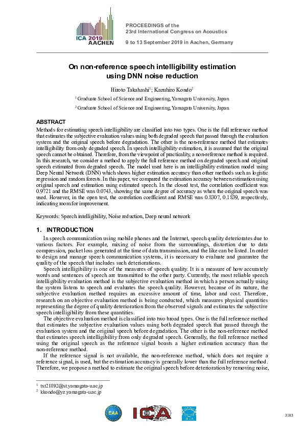 (PDF) On non-reference speech intelligibility estimation using DNN noise reduction