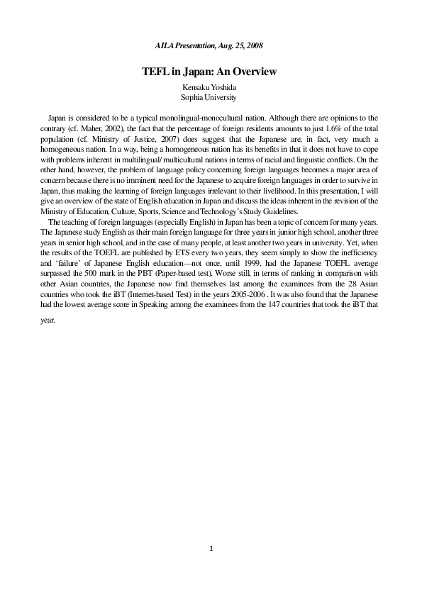 TEFL in Japan: An Overview