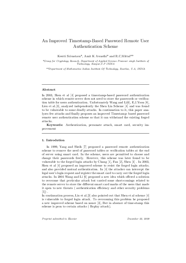 Pdf An Improved Timestamp Based Password Remote User Authentication Scheme 3975