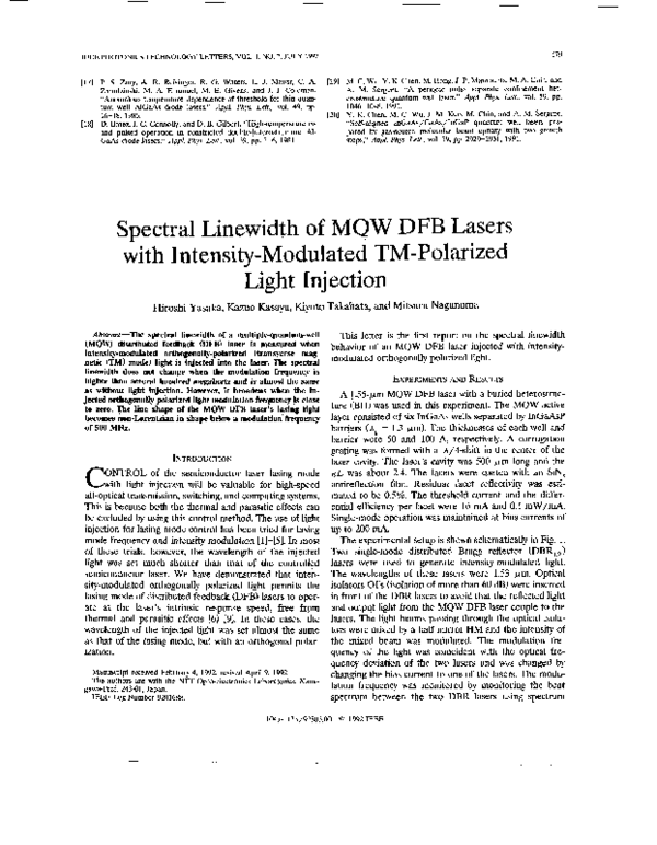 Pdf Spectral Linewidth Of Mqw Dfb Lasers With Intensity Modulated Tm Polarized Light Injection