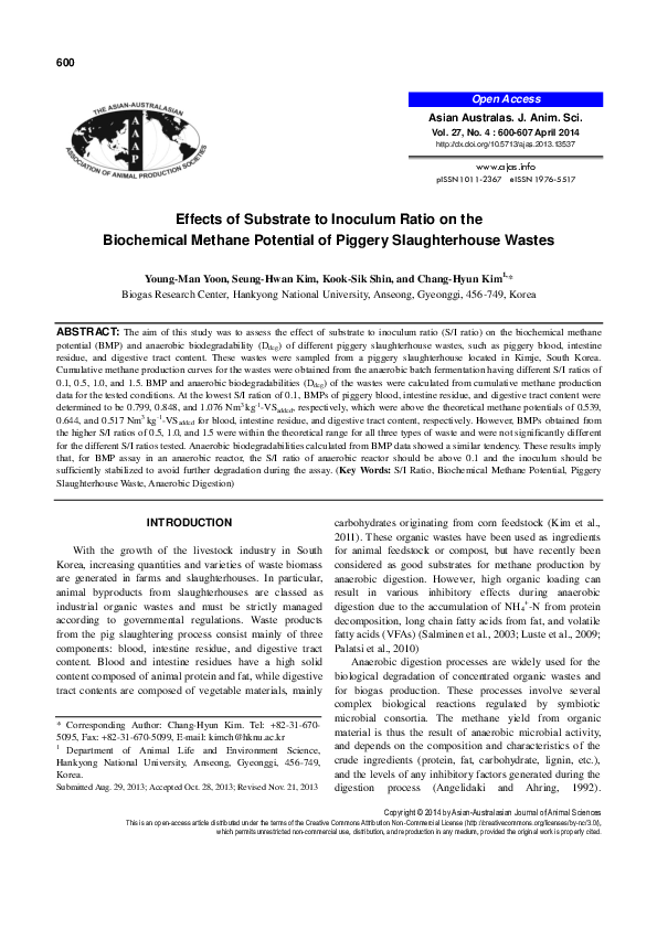 (PDF) Effects of substrate to inoculum ratio on the biochemical methane potential of piggery ...