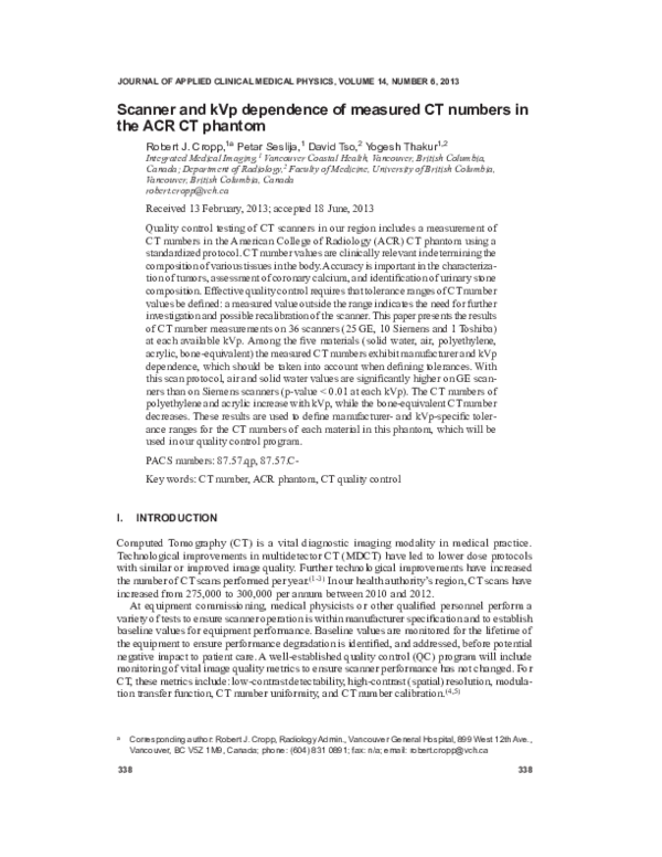 (PDF) Scanner and kVp dependence of measured CT numbers in the ACR CT ...
