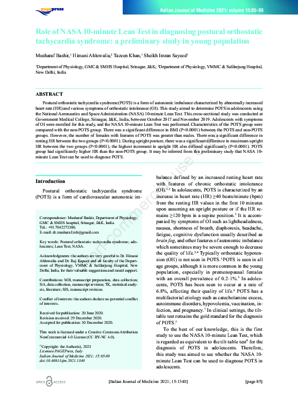 (PDF) Role of NASA 10-minute Lean Test in diagnosing postural ...
