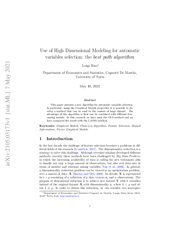 (PDF) Use of High Dimensional Modeling for automatic variables selection: the best path algorithm