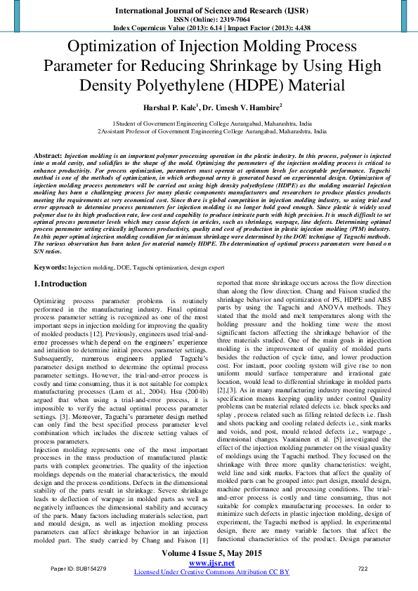 Pdf Optimization Of Injection Molding Process Parameter For Reducing Shrinkage By Using High