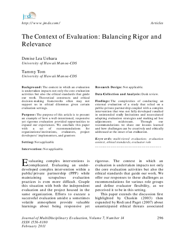 (PDF) The Context of Evaluation: Balancing Rigor and Relevance