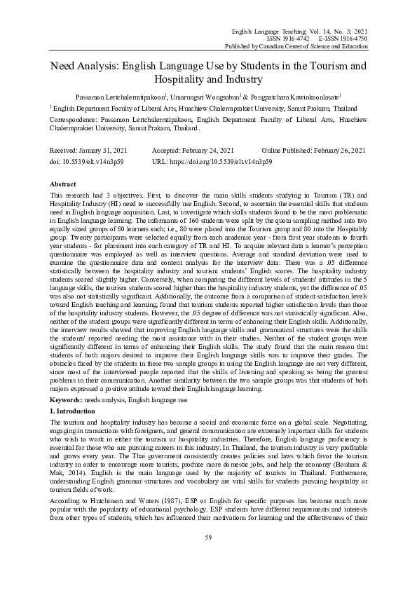 (PDF) Need Analysis: English Language Use by Students in the Tourism ...