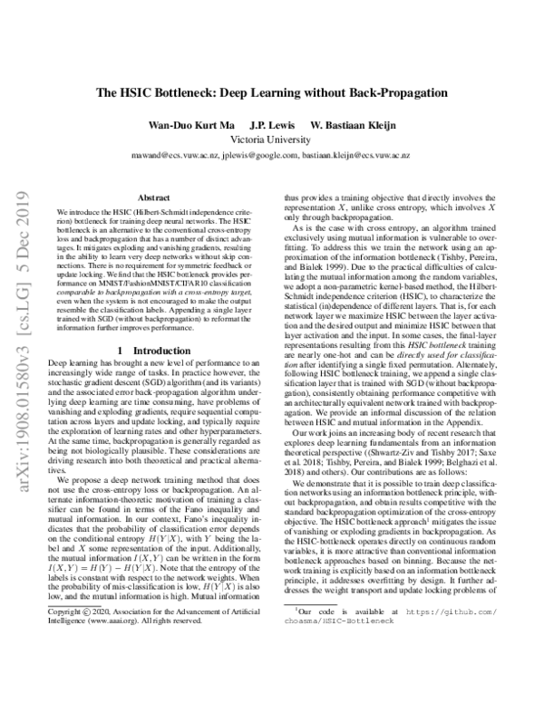 (PDF) The HSIC Bottleneck: Deep Learning without Back-Propagation