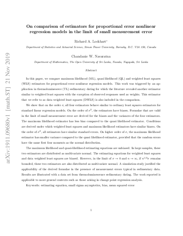 Pdf On Comparison Of Estimators For Proportional Error Nonlinear Regression Models In The