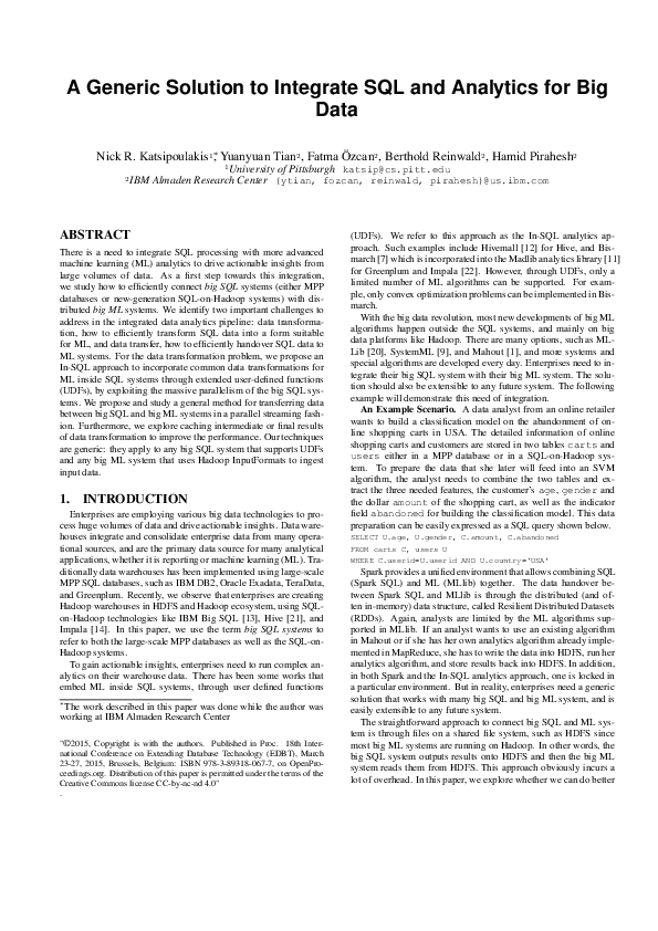 (PDF) A Generic Solution to Integrate SQL and Analytics for Big Data