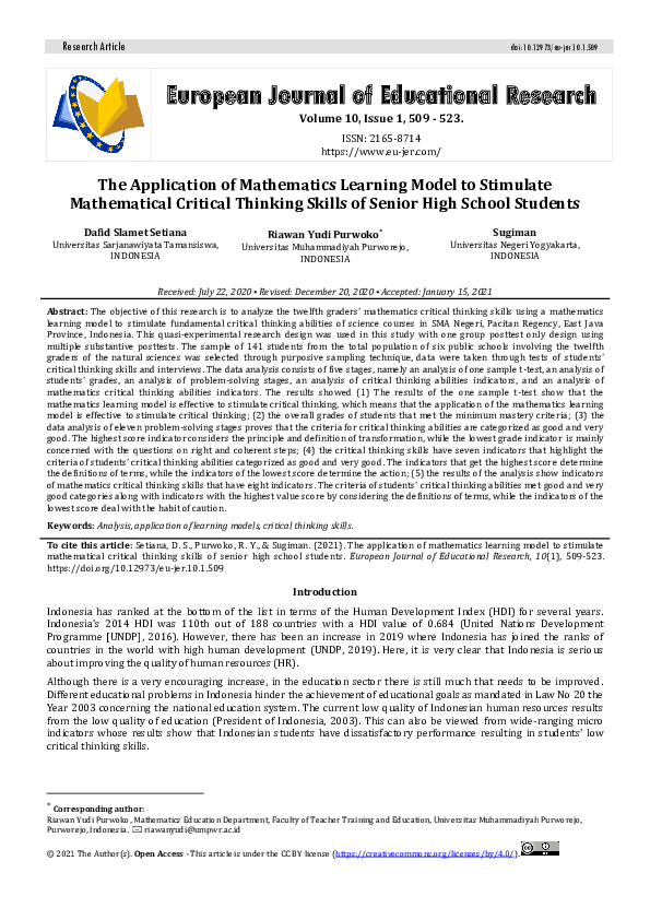 (PDF) The Application of Mathematics Learning Model to Stimulate ...