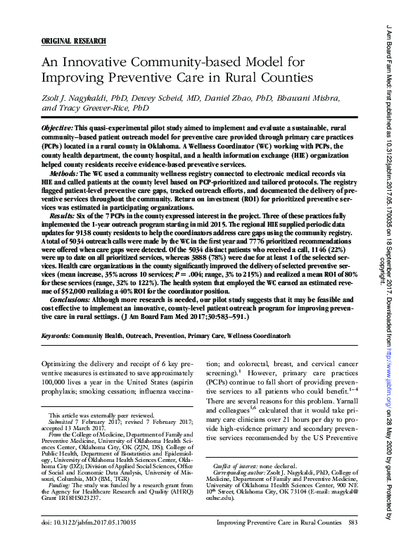 (PDF) An Innovative Community-based Model for Improving Preventive Care ...