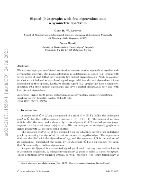 Pdf Signed 02 Graphs With Few Eigenvalues And A Symmetric Spectrum