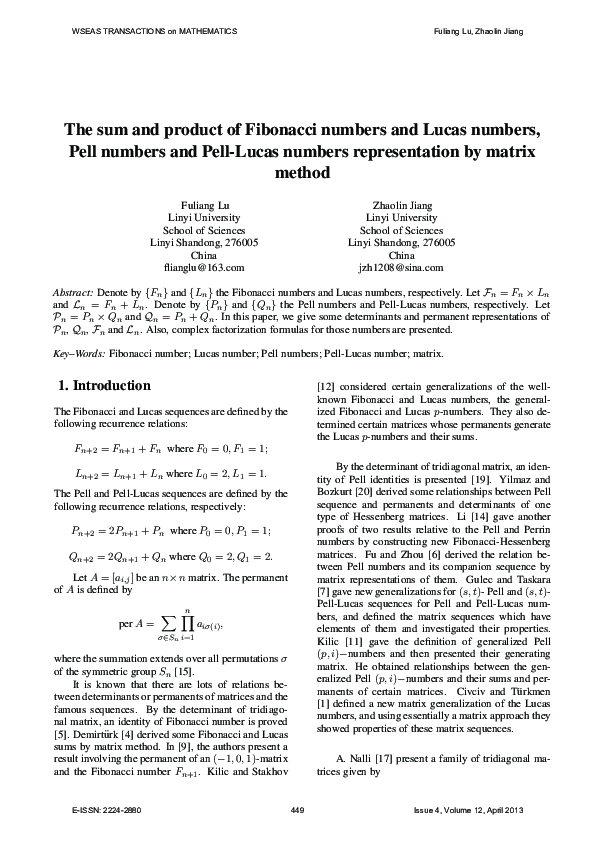 Pdf The Sum And Product Of Fibonacci Numbers And Lucas Numbers Pell Numbers And Pell Lucas