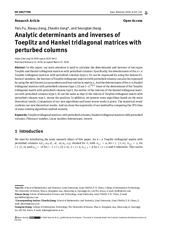 (PDF) Analytic determinants and inverses of Toeplitz and Hankel tridiagonal matrices with ...