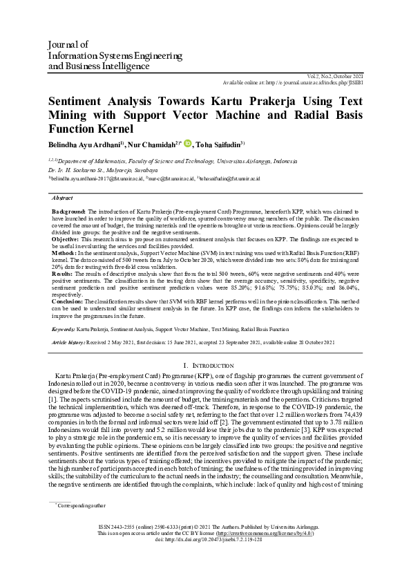 (PDF) Sentiment Analysis Towards Kartu Prakerja Using Text Mining with Support Vector Machine ...