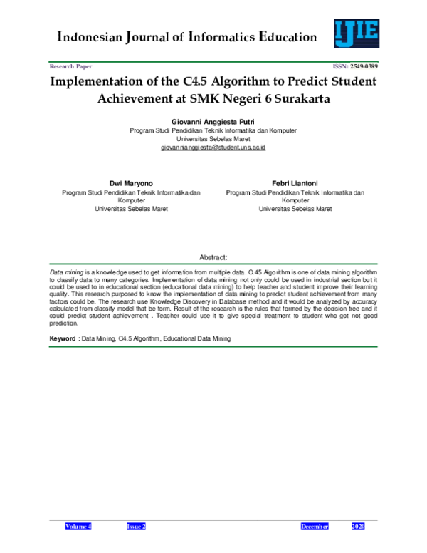 (PDF) Implementation of the C4.5 Algorithm to Predict Student ...