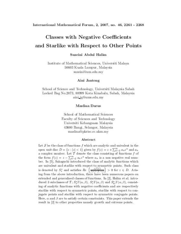 Pdf Classes With Negative Coefficients And Starlike With Respect To Other Points Ii
