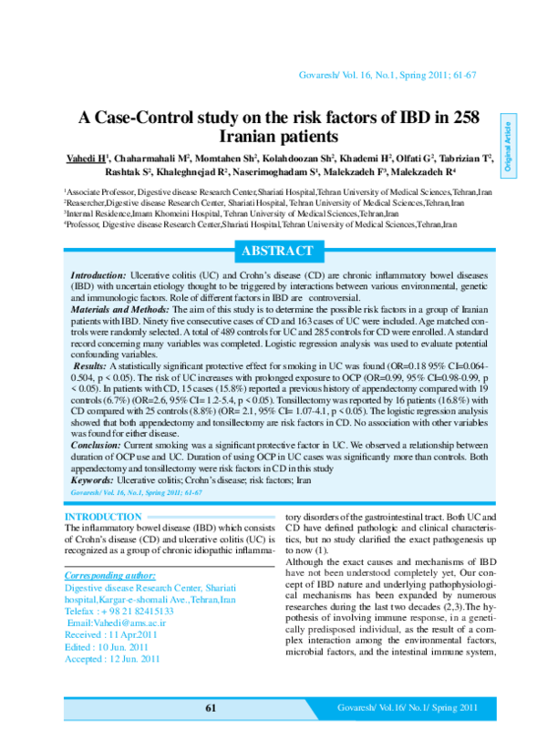 (PDF) A Case-Control study on the risk factors of IBD in 258 Iranian ...
