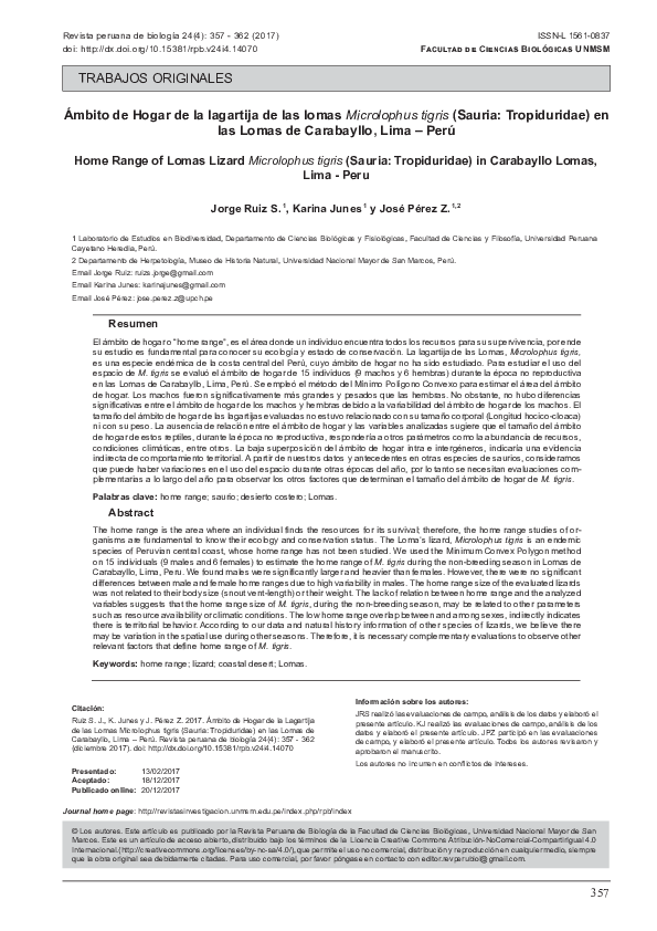 (PDF) Ámbito de Hogar de la lagartija de las lomas Microlophus tigris ...