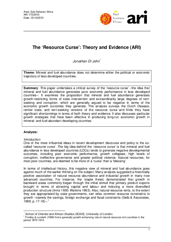 (PDF) The ‘ Resource Curse ’ : Theory and Evidence ( ARI ) | Jonathan ...