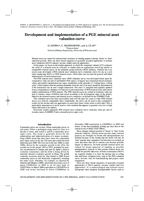(PDF) Development and implementation of a PGE mineral asset valuation curve