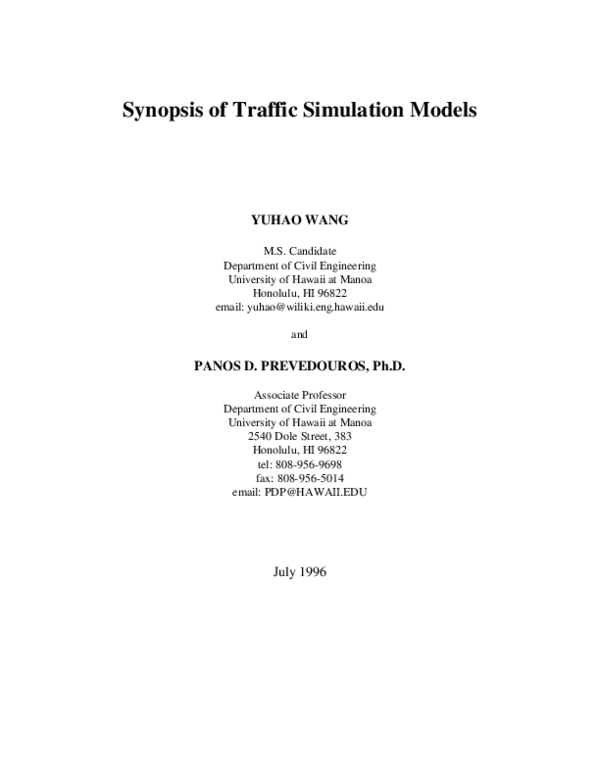 Pdf Synopsis Of Traffic Simulation Models Panos D Prevedouros