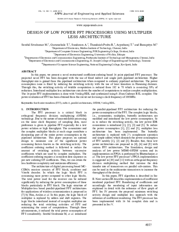 (PDF) Design of Low Power FFT Processors Using Multiplier Less Architecture