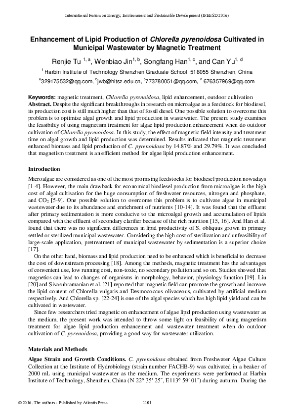 (PDF) Enhancement of Lipid Production of Chlorella Pyrenoidosa Cultivated in Municipal ...