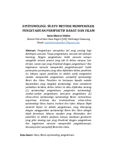 (PDF) Epistemologi: Suatu Metode Memperoleh Pengetahuan Perspektif Barat dan Islam