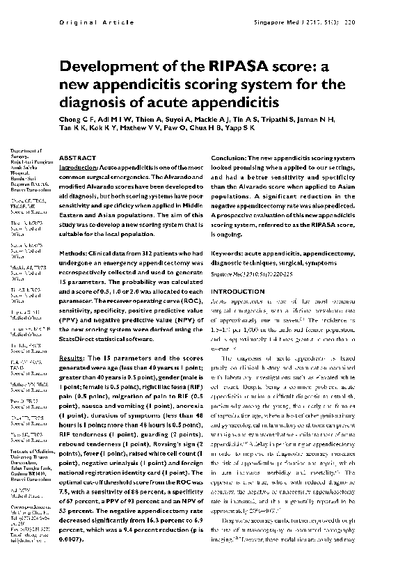 (PDF) Development of the RIPASA score: a new appendicitis scoring ...