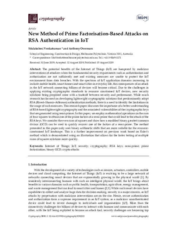 Pdf New Method Of Prime Factorisation Based Attacks On Rsa Authentication In Iot