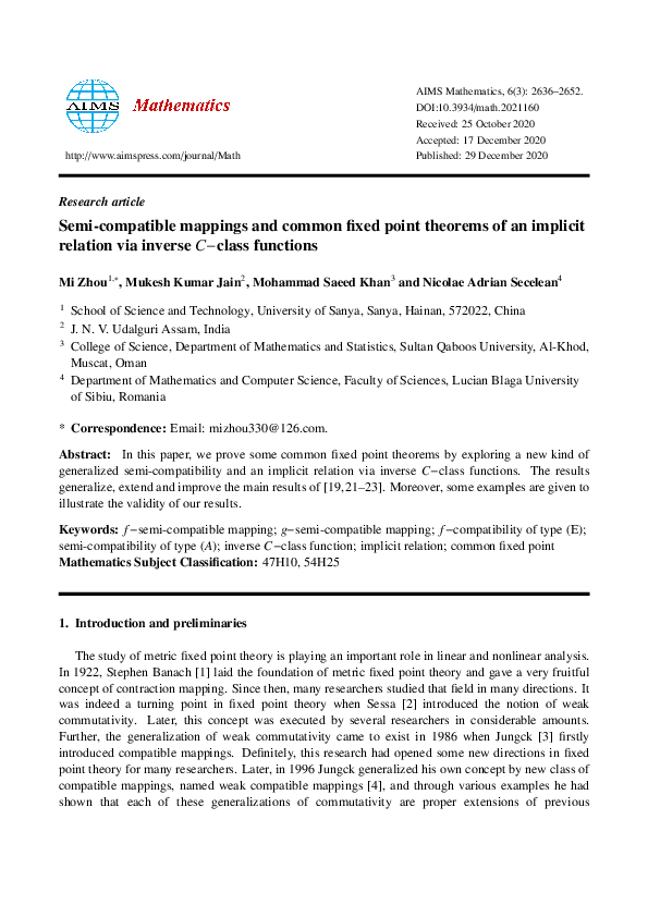 Pdf Semi Compatible Mappings And Common Fixed Point Theorems Of An Implicit Relation Via 6198