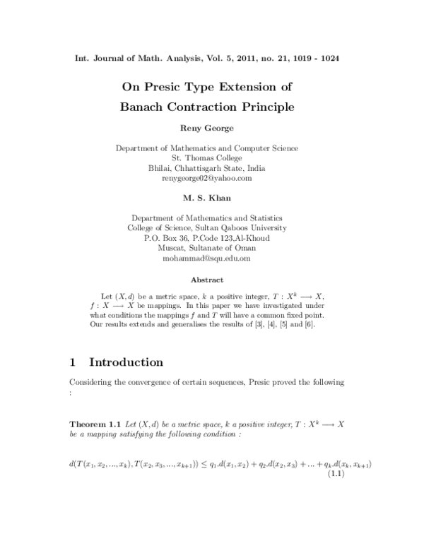 Pdf On Presic Type Extension Of Banach Contraction Principle