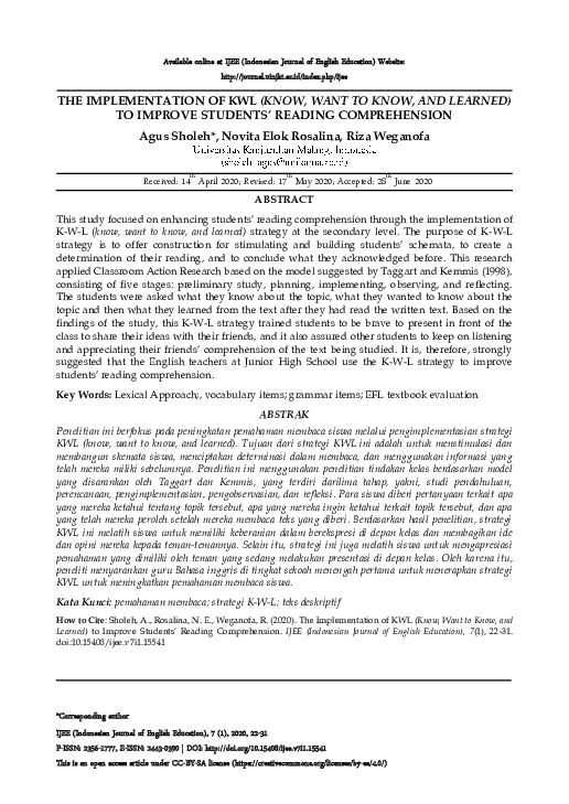 (PDF) The Implementation of KWL (Know, Want to Know, and Learned) to Improve Students’ Reading ...