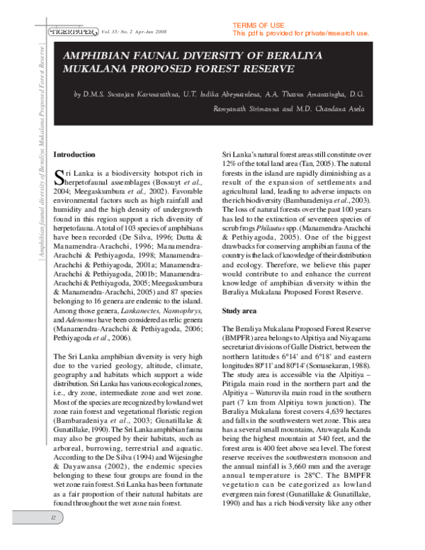 (PDF) Amphibian faunal diversity of Beraliya Mukalana Proposed Forest ...