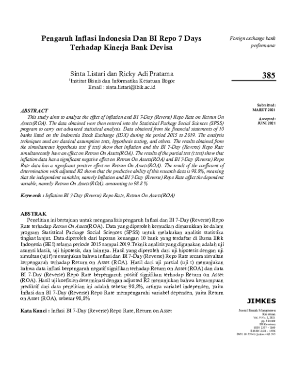 (PDF) Pengaruh Inflasi Indonesia Dan Bi Repo 7 Days Terhadap Kinerja Bank Devisa