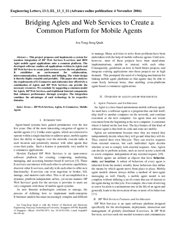 (PDF) Bridging Aglets and Web Services to Create a Common Platform for Mobile Agents