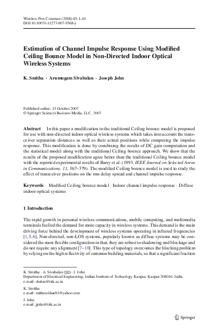 (PDF) Estimation of channel impulse response using modified ceiling bounce model in non-directed ...