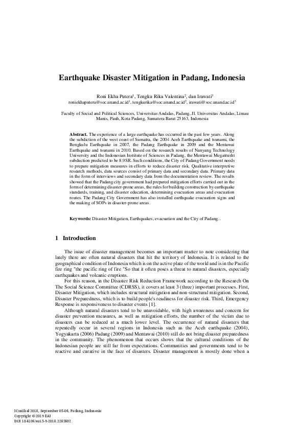 (PDF) Earthquake Disaster Mitigation in Padang, Indonesia