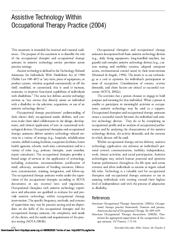 (PDF) Assistive Technology Within Occupational Therapy Practice (2004)