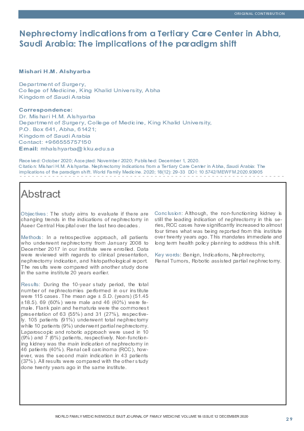 (PDF) Nephrectomy indications from a Tertiary Care Center in Abha, Saudi Arabia: The ...